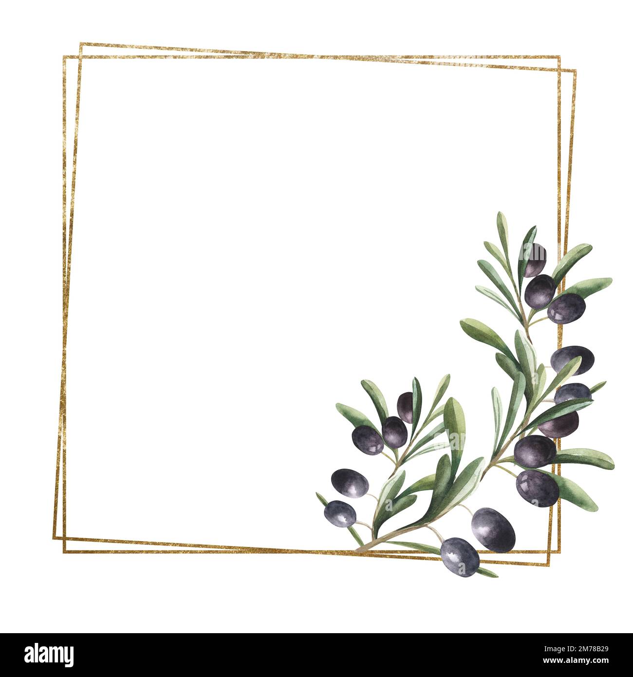 Square golden frame with golden olive branch watercolor illustration ...