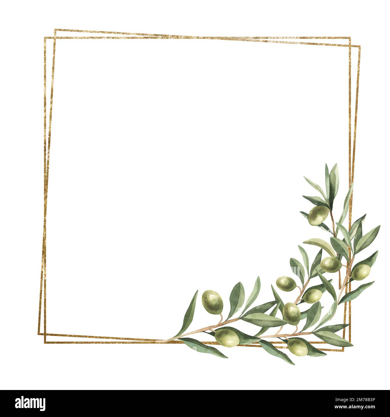 Square golden frame with golden olive branch watercolor illustration ...