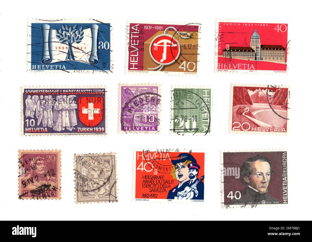 Vintage used postage stamps from Switzerland isolated on a white ...