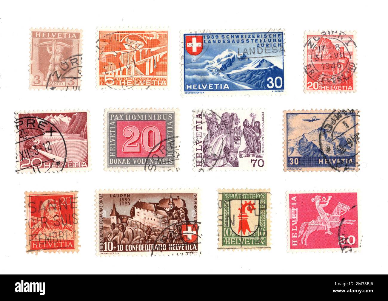 Vintage used postage stamps from Switzerland isolated on a white ...