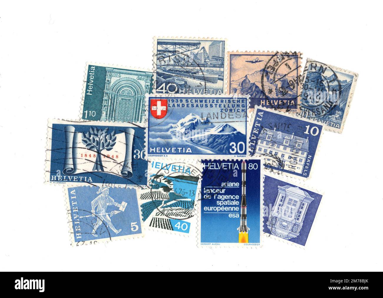 Vintage used postage stamps from Switzerland isolated on a white ...
