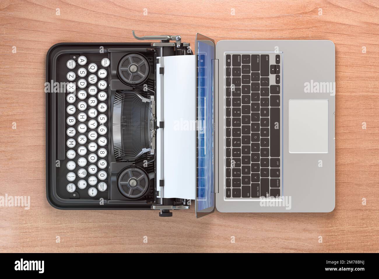 Old typewriter and laptop, top view. Old and modern technologies. 3d ...
