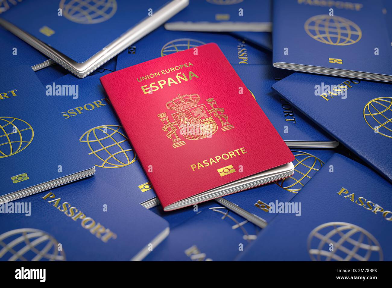 Passport of Spain on the pile of passports of other countries ...