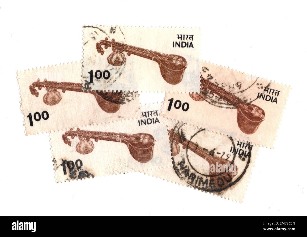 Vintage used postage stamps from India isolated on a white background ...