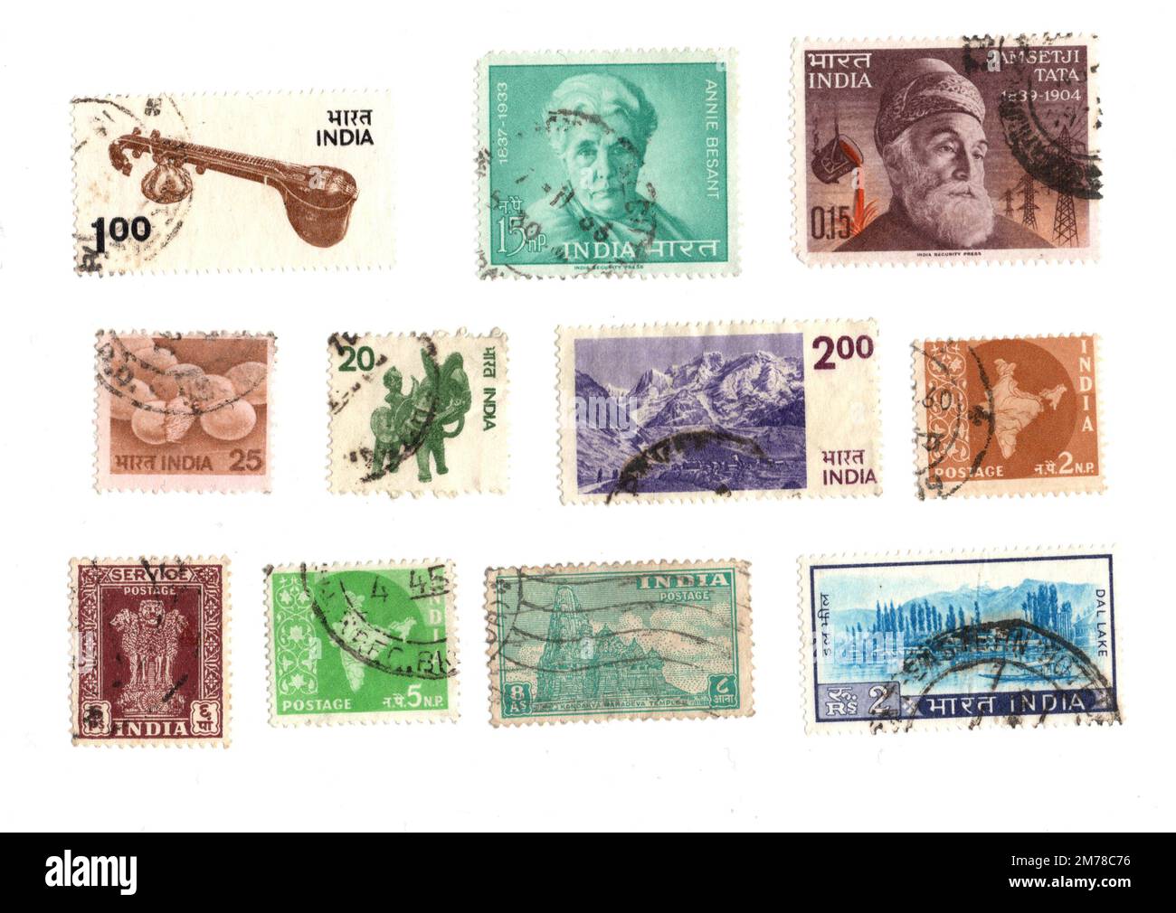 Vintage used postage stamps from India isolated on a white background ...