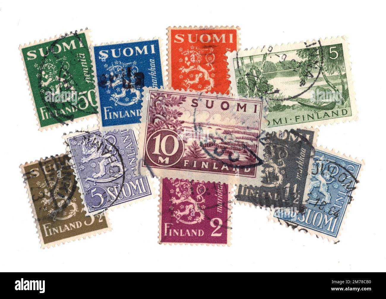 Vintage used postage stamps from Finland isolated on a white background ...