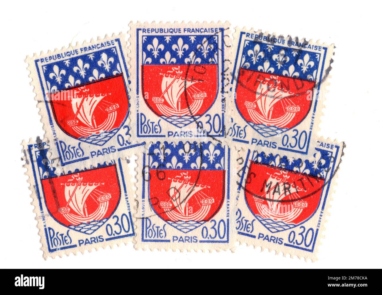 Vintage used postage stamps from France isolated on a white background ...