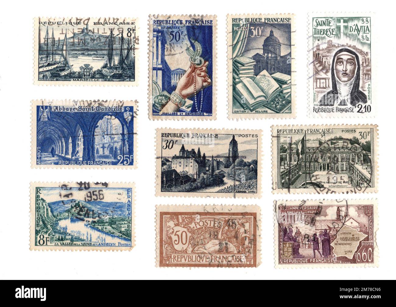Vintage used postage stamps from France isolated on a white background ...