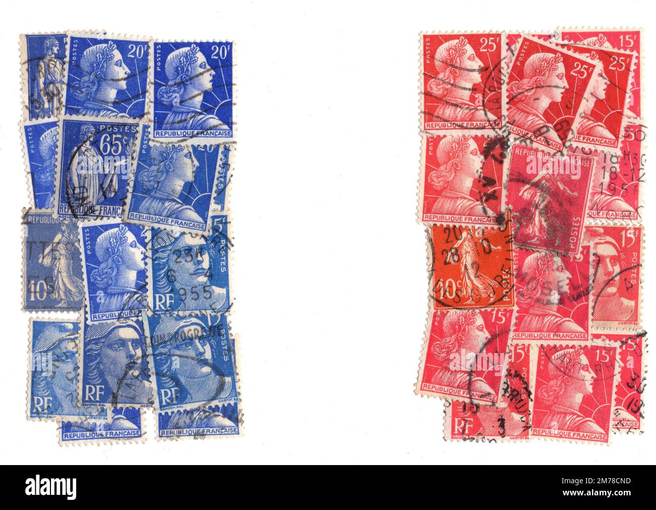 Vintage used postage stamps from France isolated on a white background ...