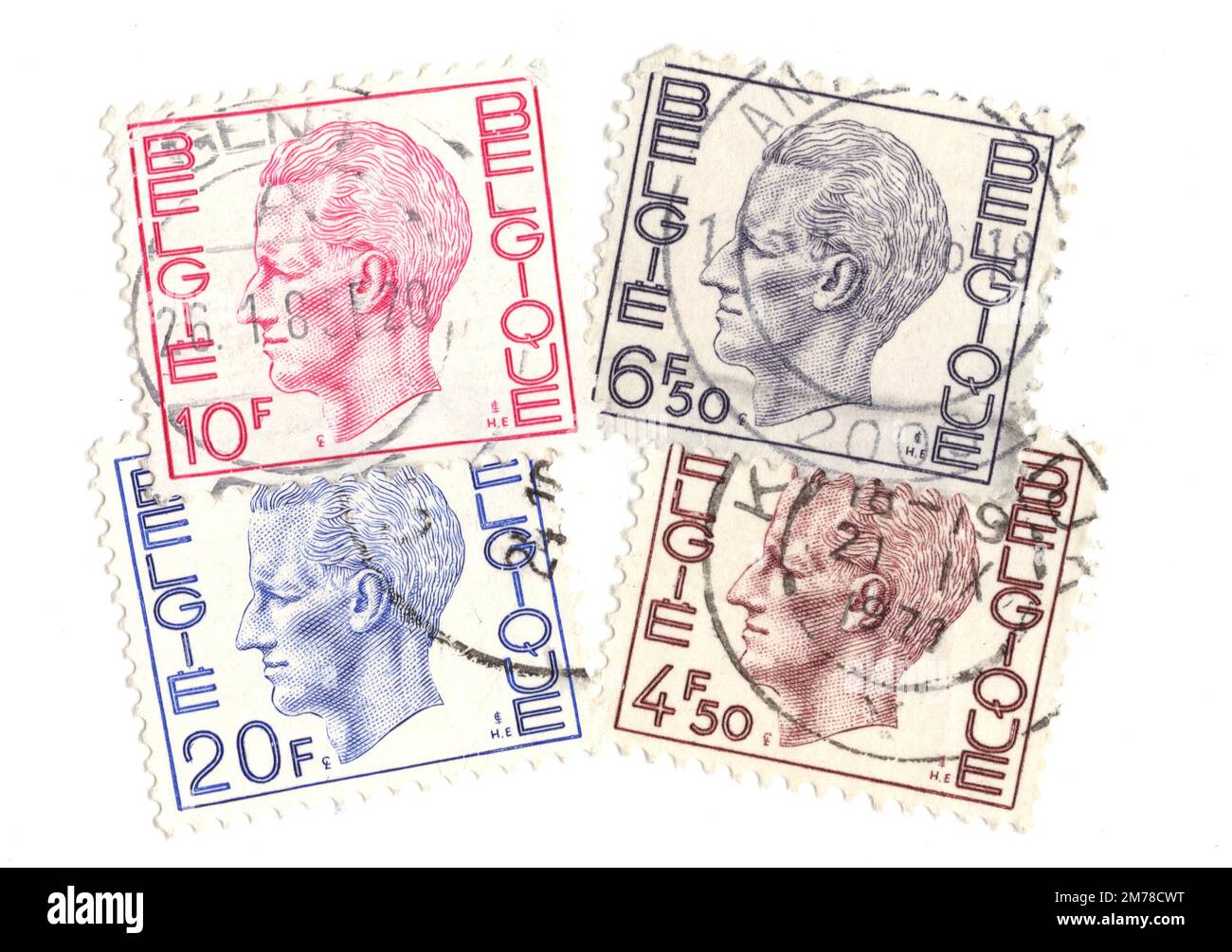 Vintage used postage stamps from Belgium isolated on a white background ...