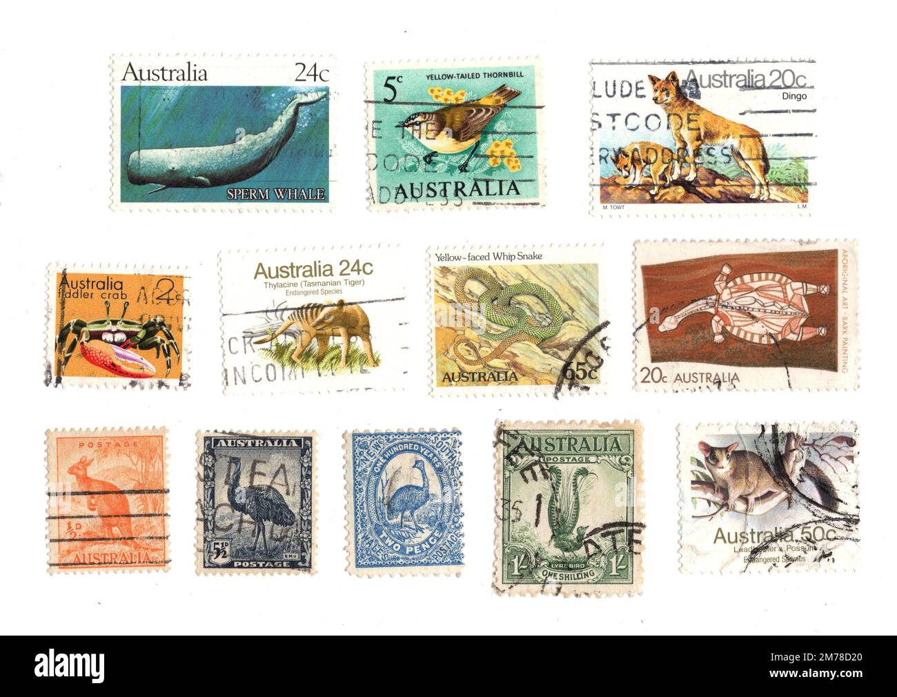 Vintage used postage stamps from Australia isolated on a white ...