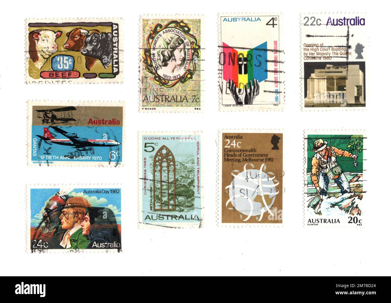 Vintage used postage stamps from Australia isolated on a white ...