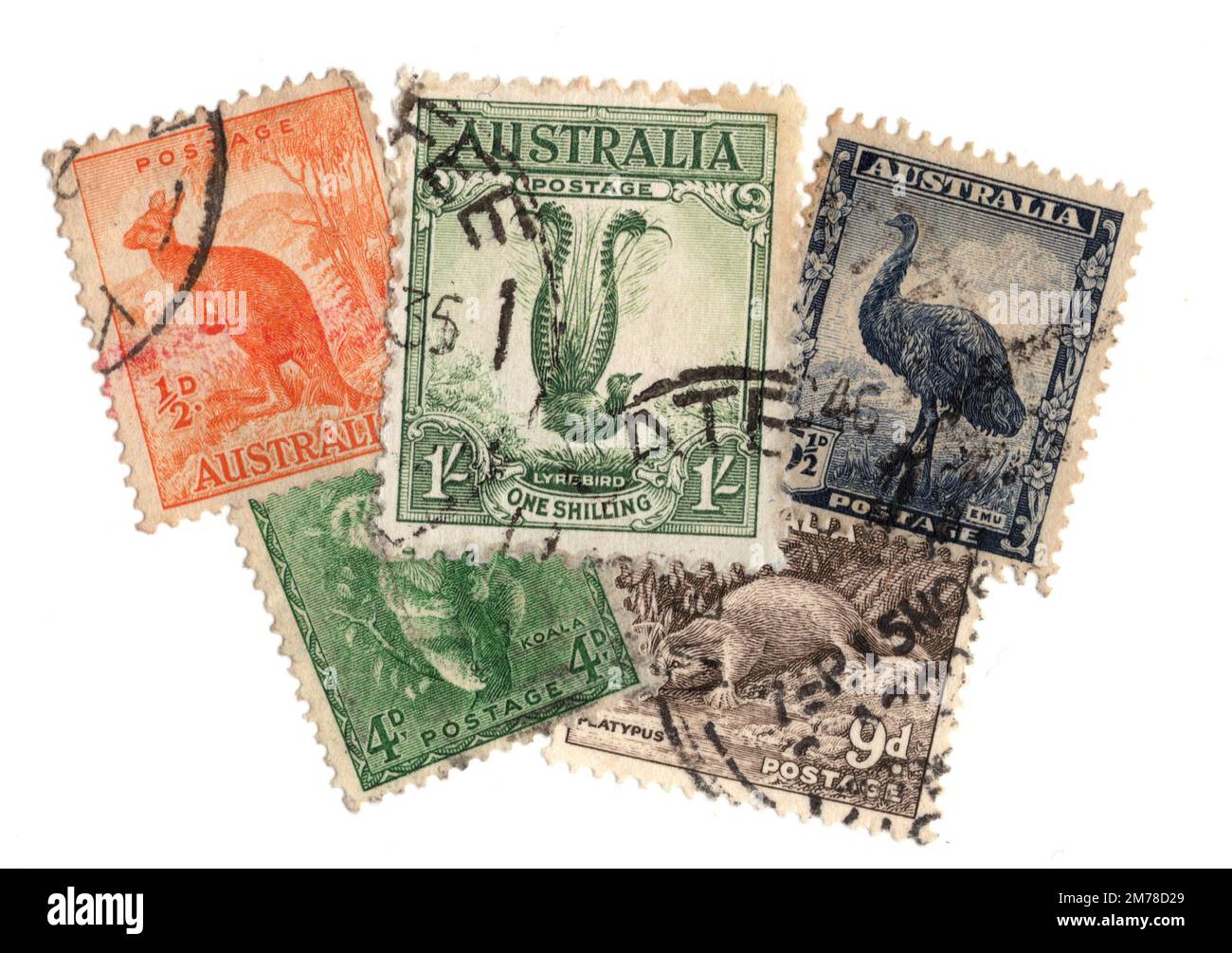 Vintage used postage stamps from Australia isolated on a white ...