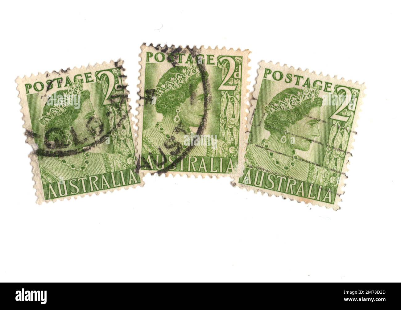 Vintage used postage stamps from Australia isolated on a white ...