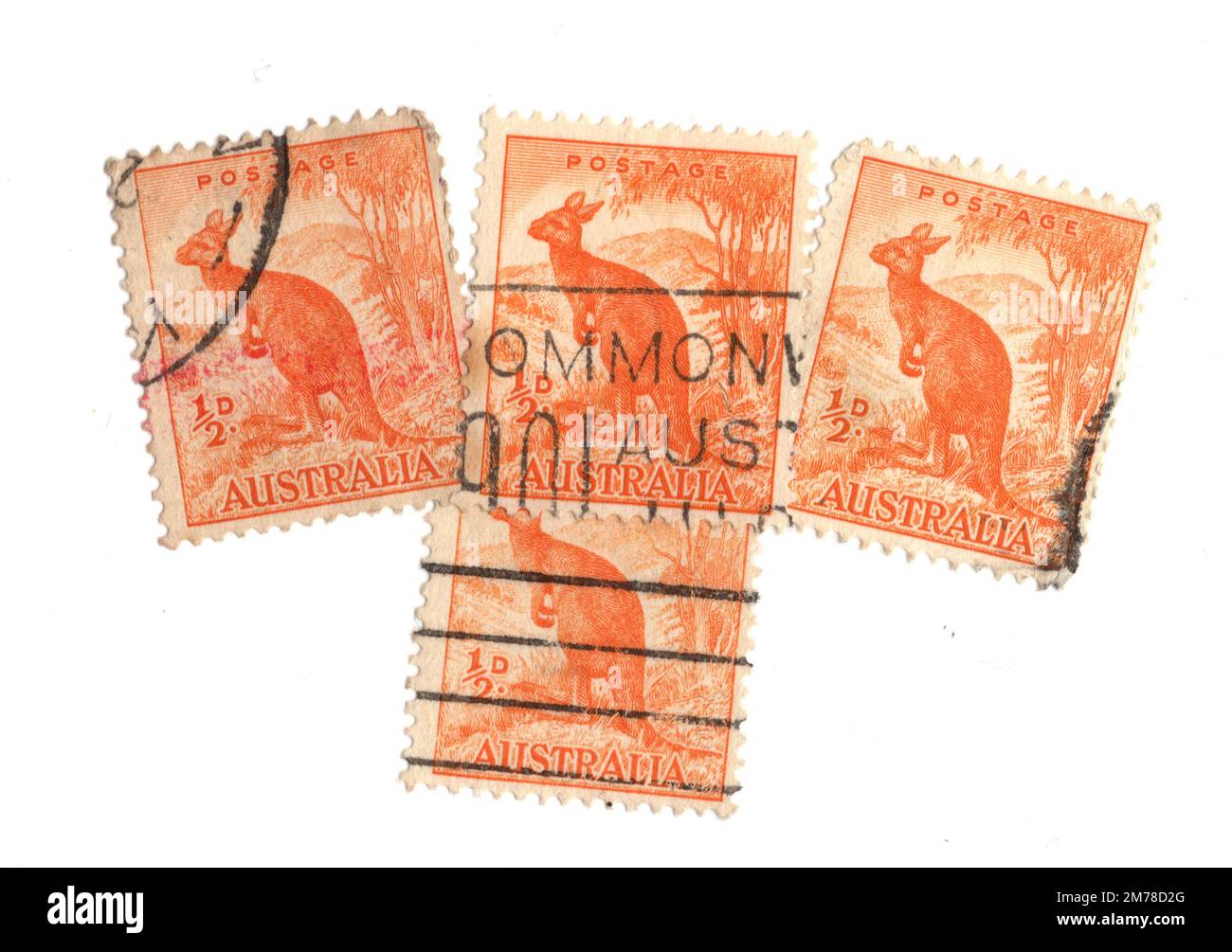 Vintage used postage stamps from Australia isolated on a white ...