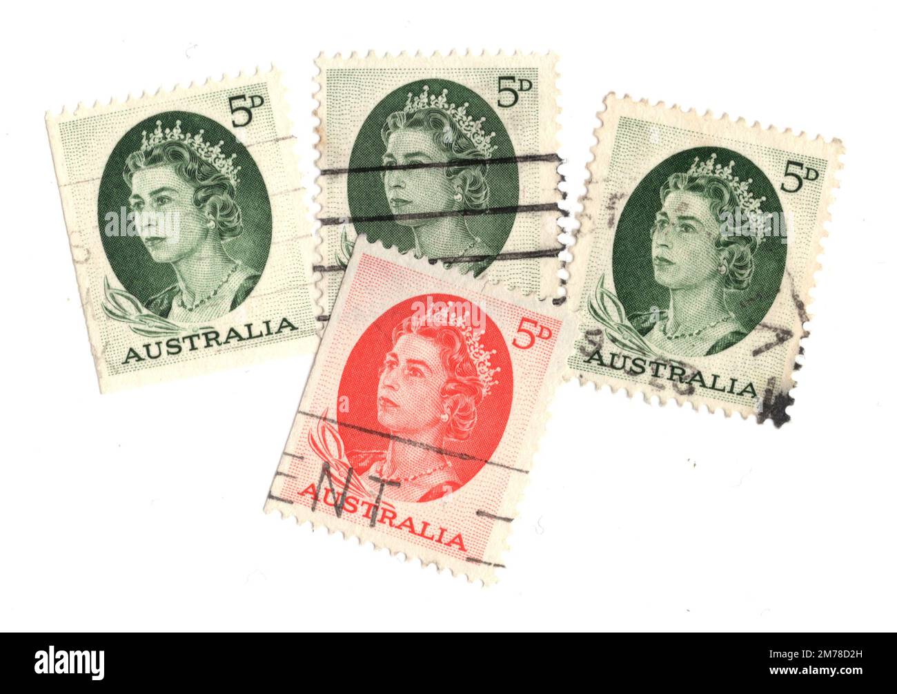Vintage used postage stamps from Australia isolated on a white ...