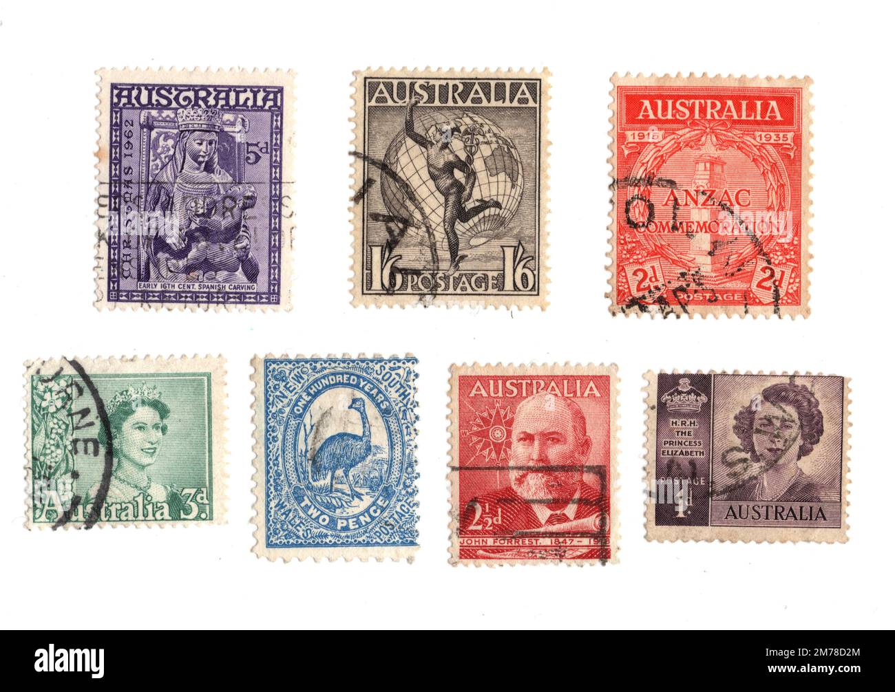 Vintage used postage stamps from Australia isolated on a white ...
