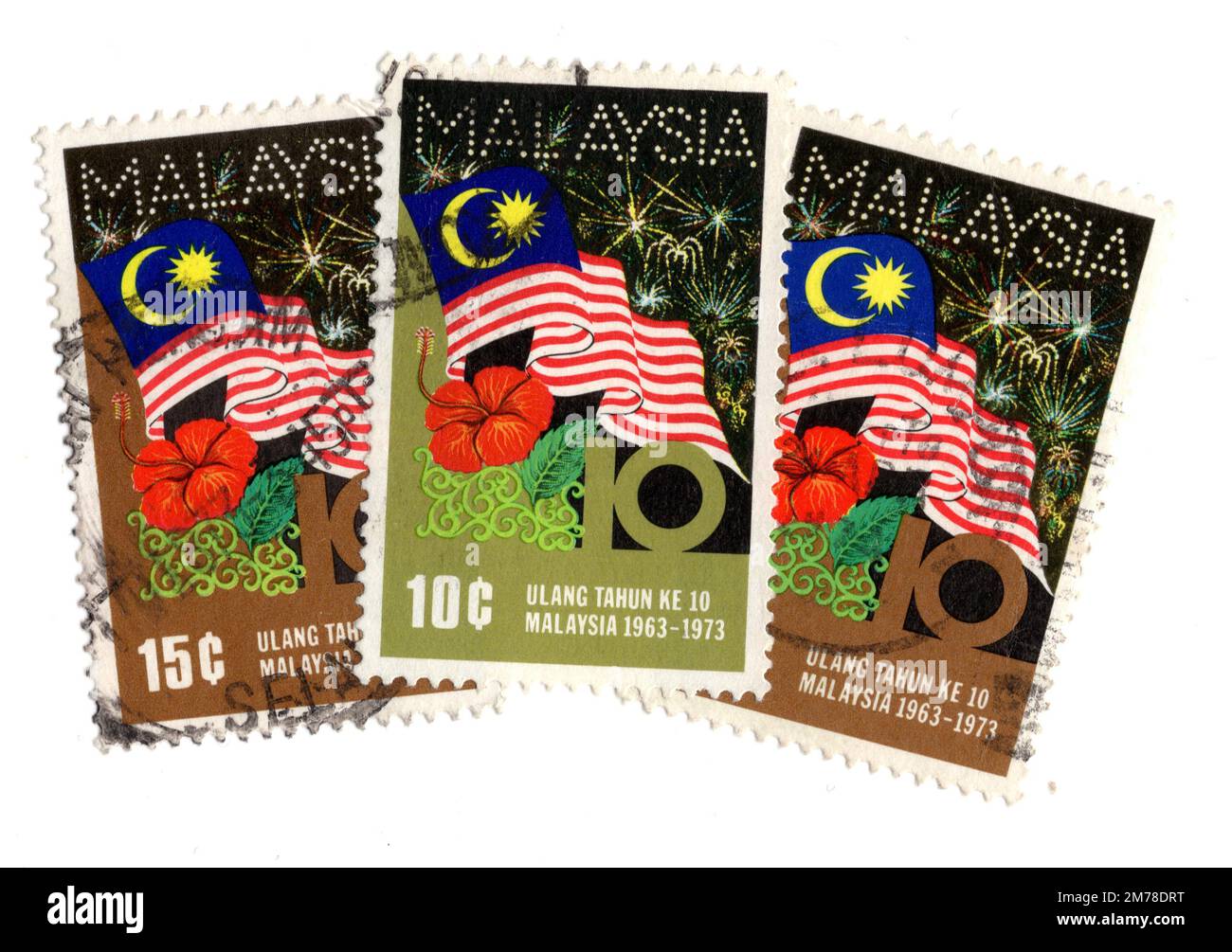 Vintage used postage stamps from Malaysia isolated on a white ...