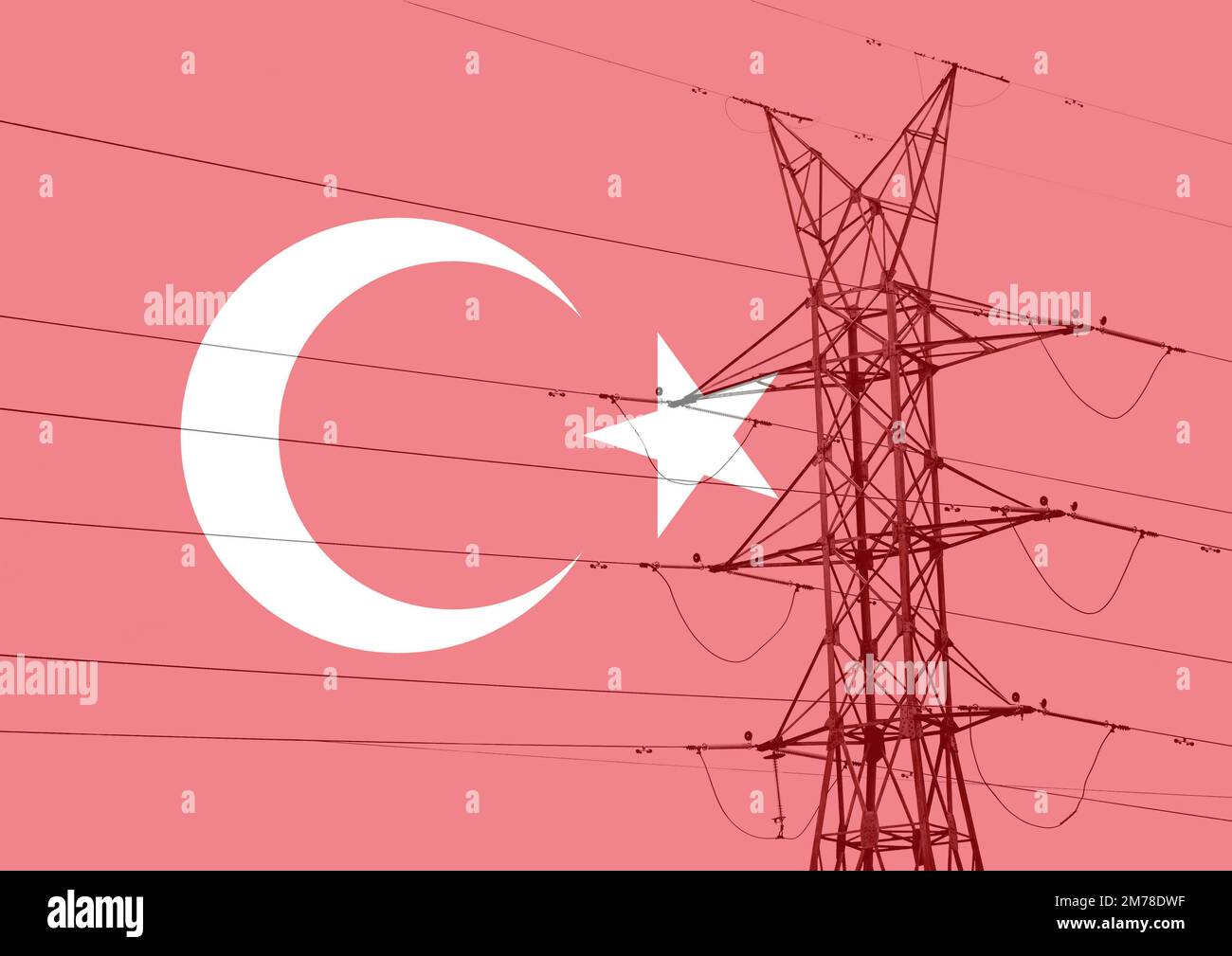 High voltage post or High voltage tower with Flag of the Turkey. Energy ...