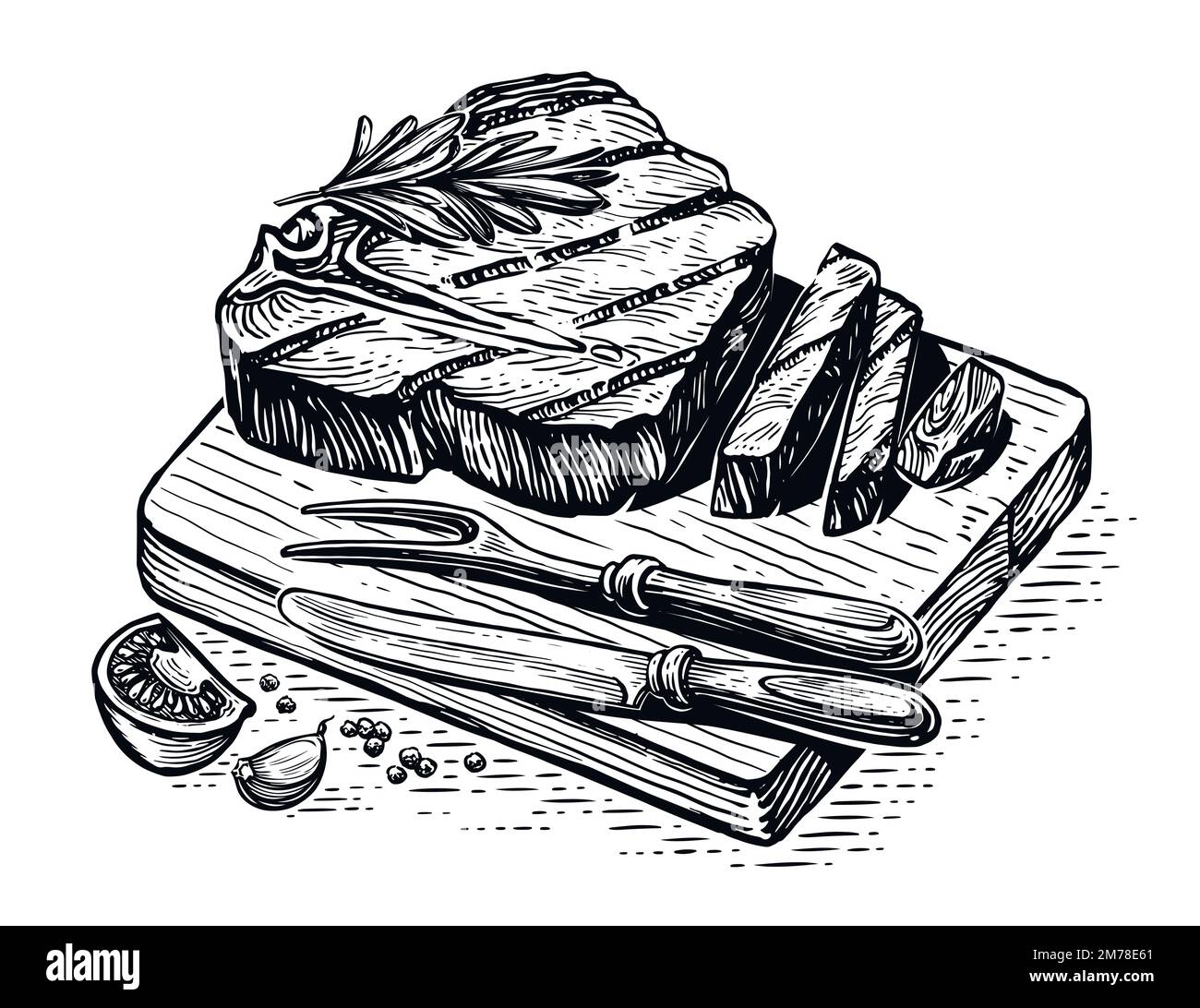 Grilled beef steak tenderloin with knife and fork on wooden cutting ...