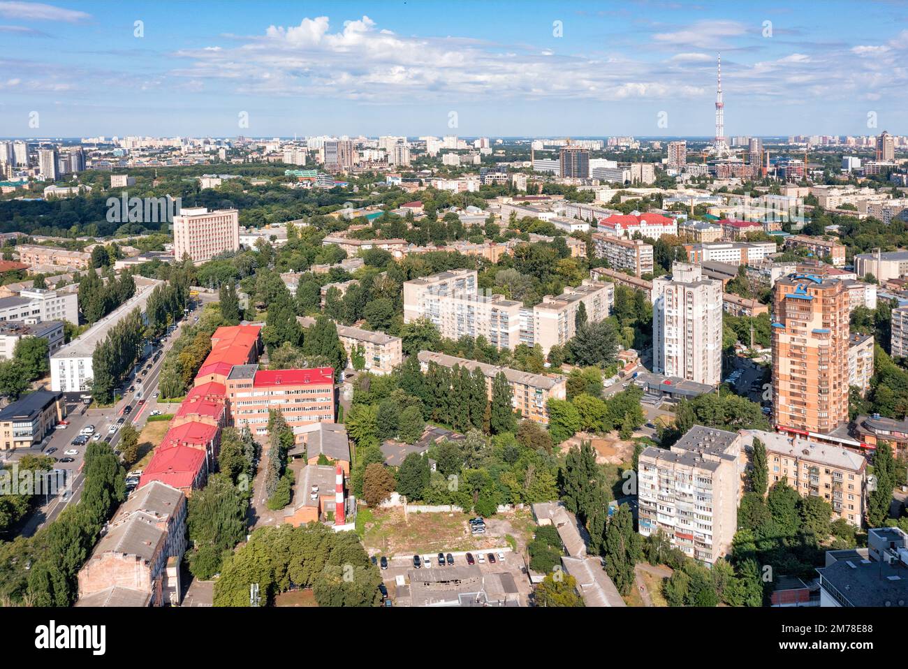 Aerial photography, landscape of the summer city of Kyiv immersed in ...