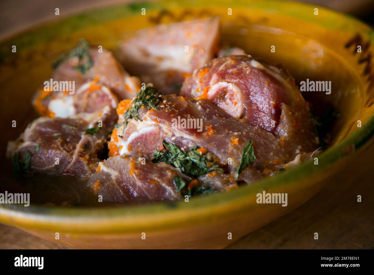 Variety of marinated meat. In the pachamanca ceremony, lamb, alpaca ...
