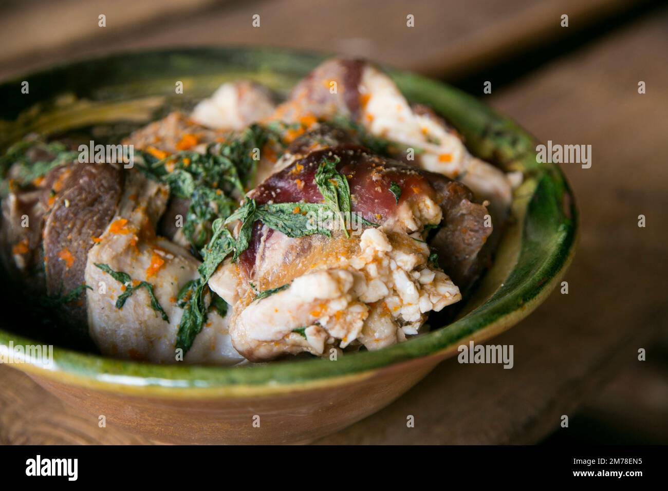 Variety of marinated meat. In the pachamanca ceremony, lamb, alpaca ...