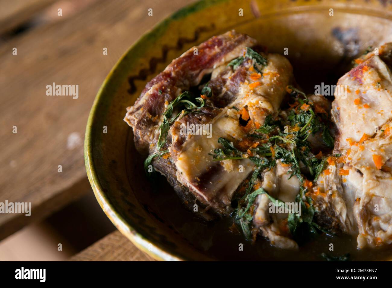 Variety of marinated meat. In the pachamanca ceremony, lamb, alpaca ...