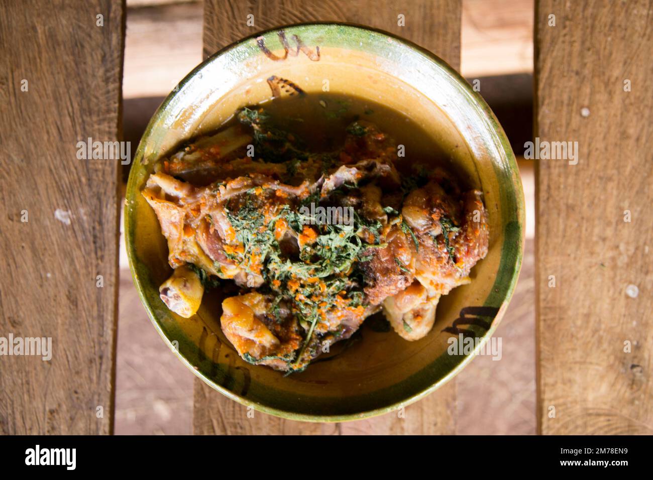 Variety of marinated meat. In the pachamanca ceremony, lamb, alpaca ...