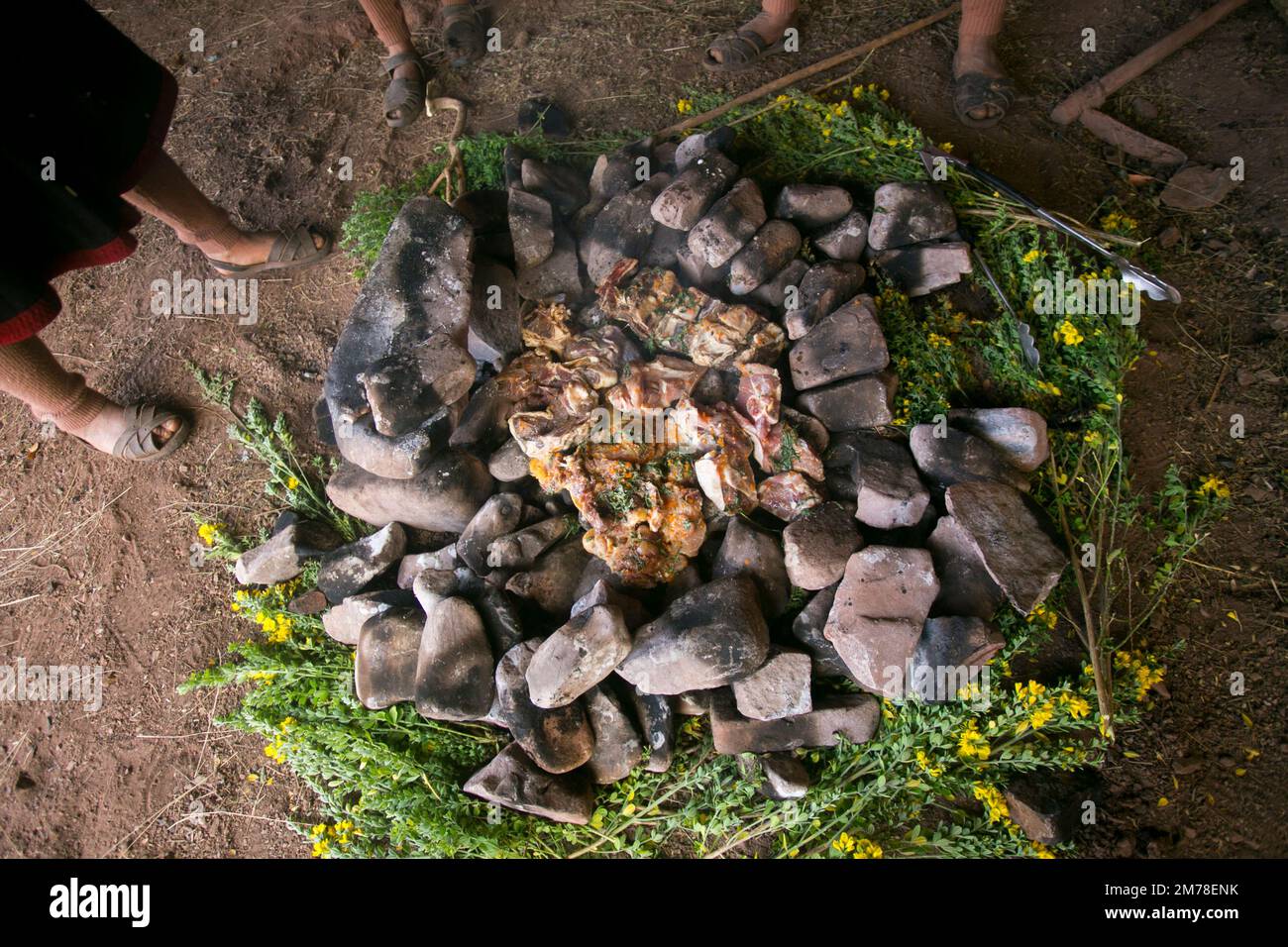 Variety of marinated meat. In the pachamanca ceremony, lamb, alpaca ...