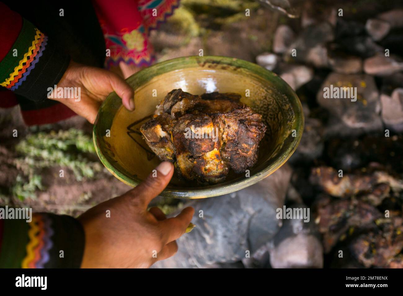 Variety of marinated meat. In the pachamanca ceremony, lamb, alpaca ...