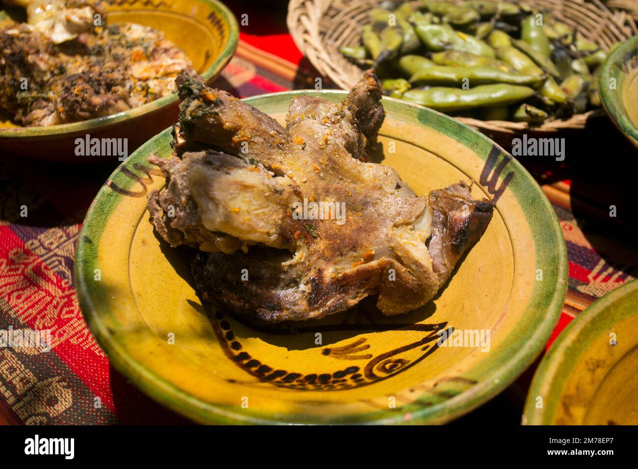 Variety of marinated meat. In the pachamanca ceremony, lamb, alpaca ...