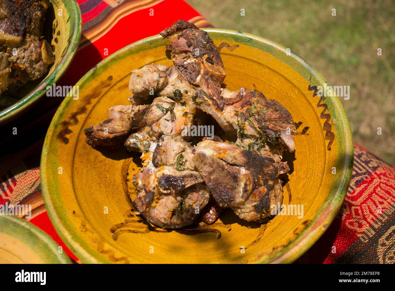 Variety of marinated meat. In the pachamanca ceremony, lamb, alpaca ...