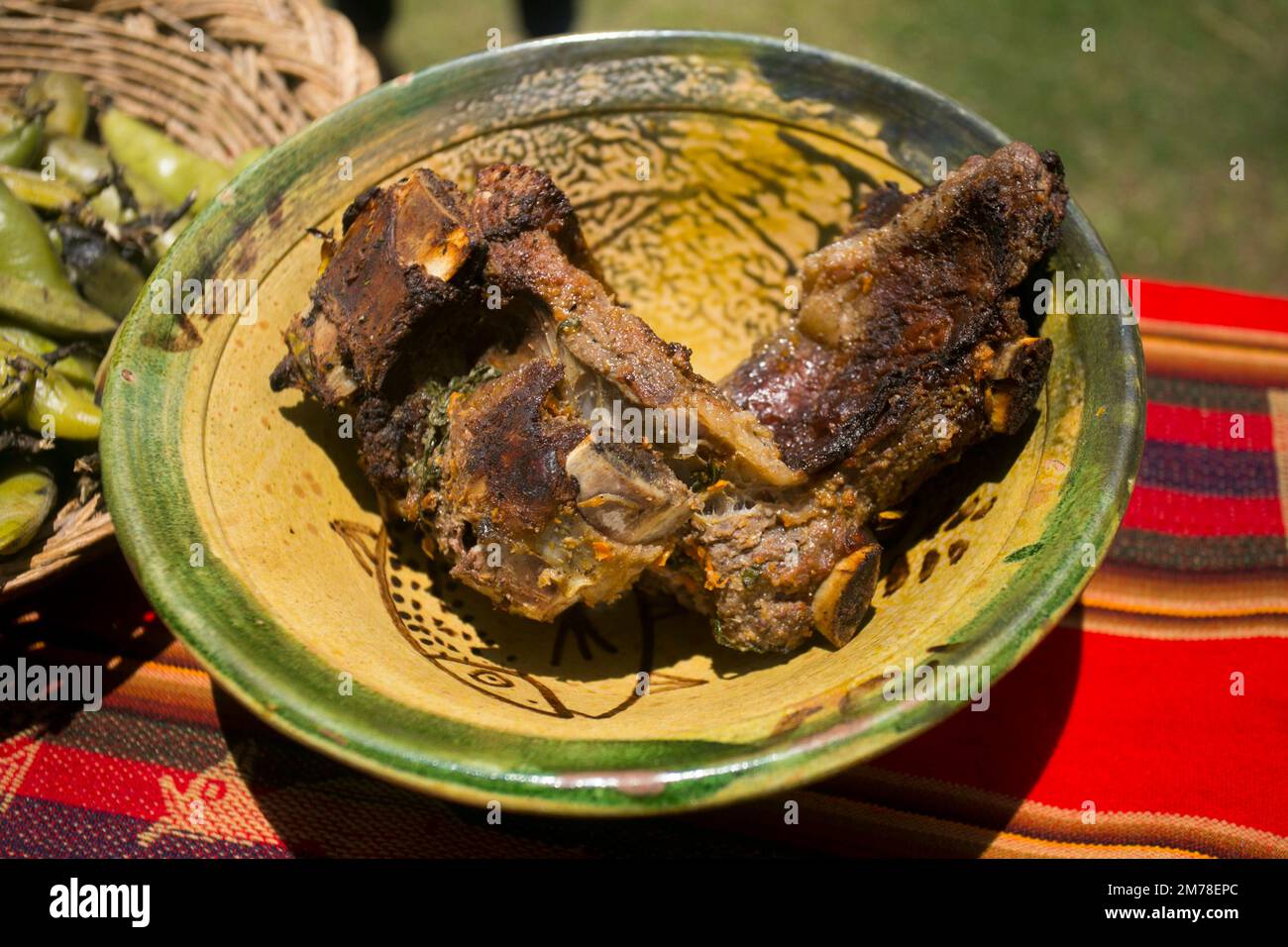 Variety of marinated meat. In the pachamanca ceremony, lamb, alpaca ...
