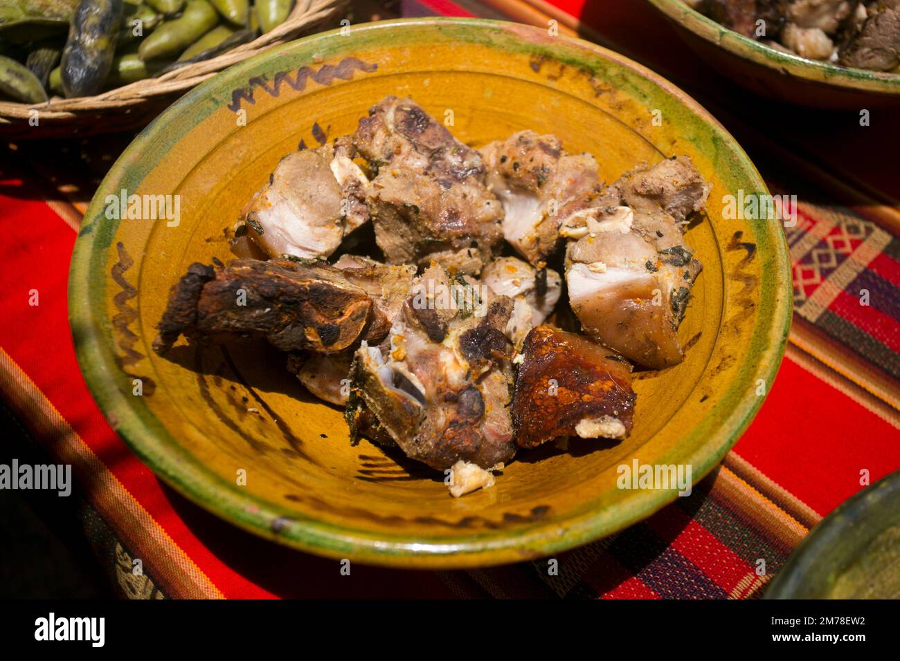 Variety of marinated meat. In the pachamanca ceremony, lamb, alpaca ...