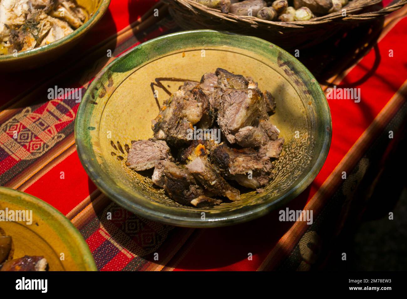 Variety of marinated meat. In the pachamanca ceremony, lamb, alpaca ...