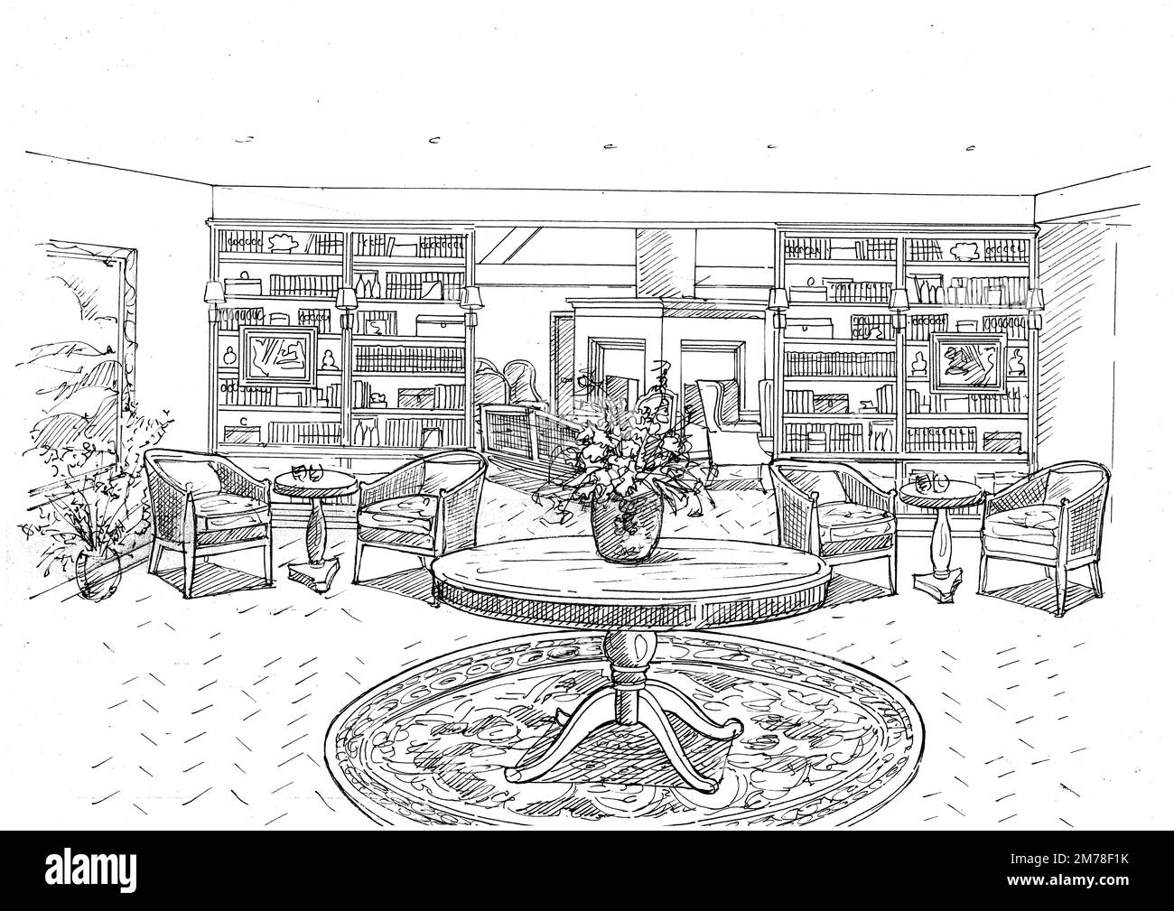 Black and white sketch of a hotel lounge on a white background Stock ...