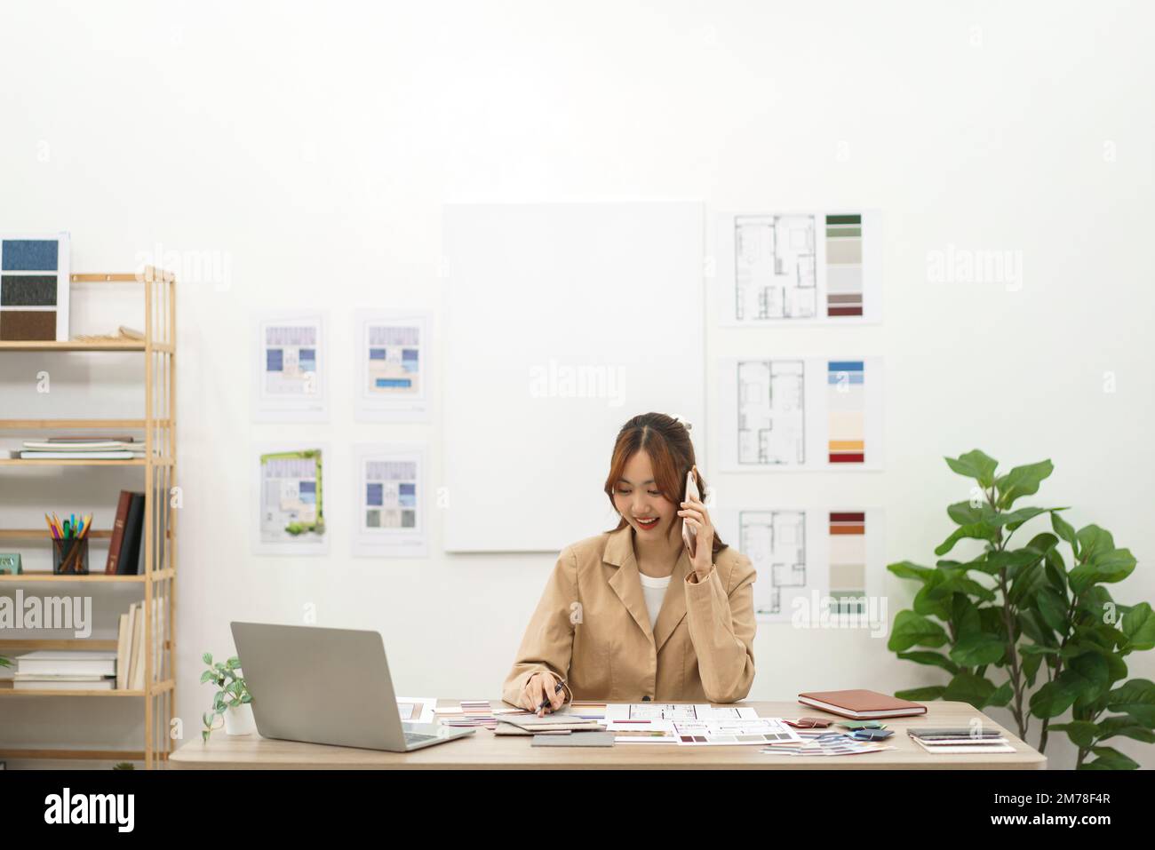 Architecture concept, Female architect designing house interior and ...