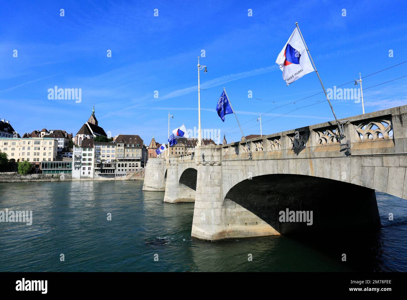 The medieval Mittlere Brücke stone bridge, river Rhine, city of Basel ...