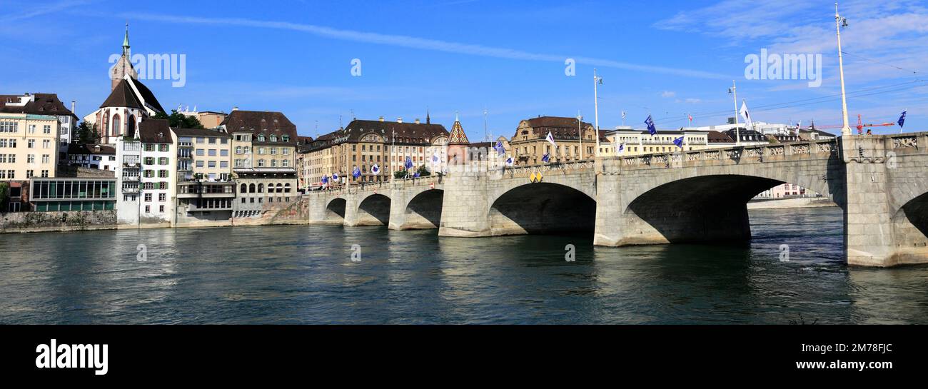 The medieval Mittlere Brücke stone bridge, river Rhine, city of Basel ...