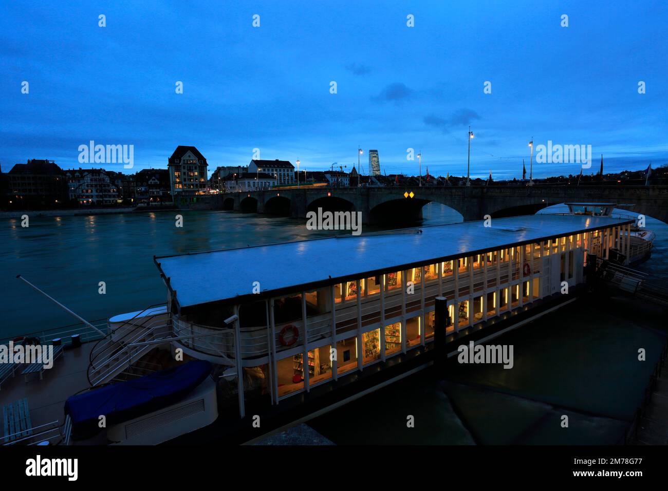 River cruise ship by the Mittlere Brücke bridge, river Rhine, city of ...