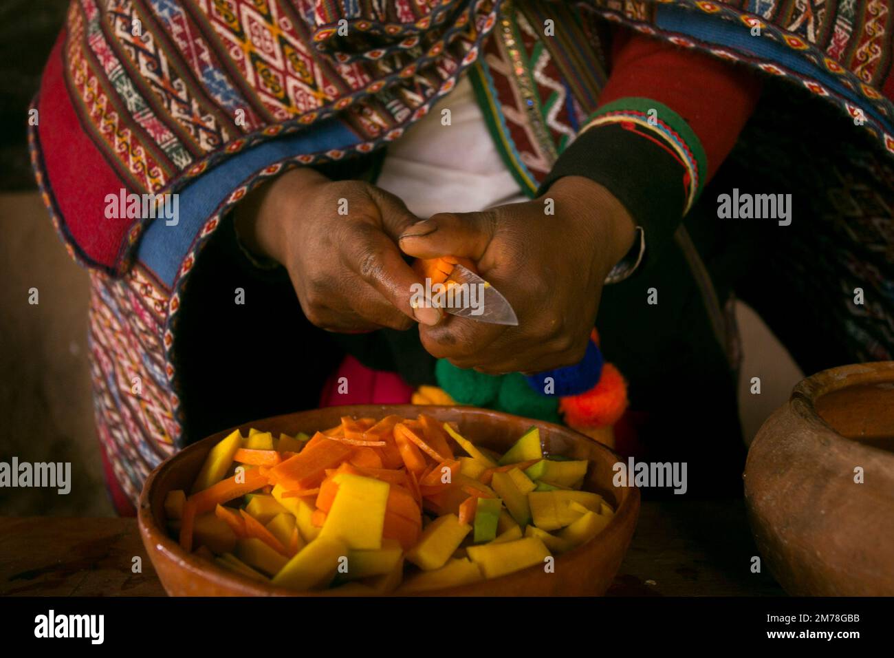 Cooking a traditional Andean vegetable soup before a Pachamanca feast ...