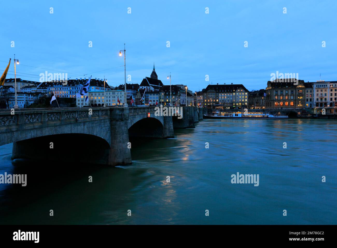 River cruise ship by the Mittlere Brücke bridge, river Rhine, city of ...
