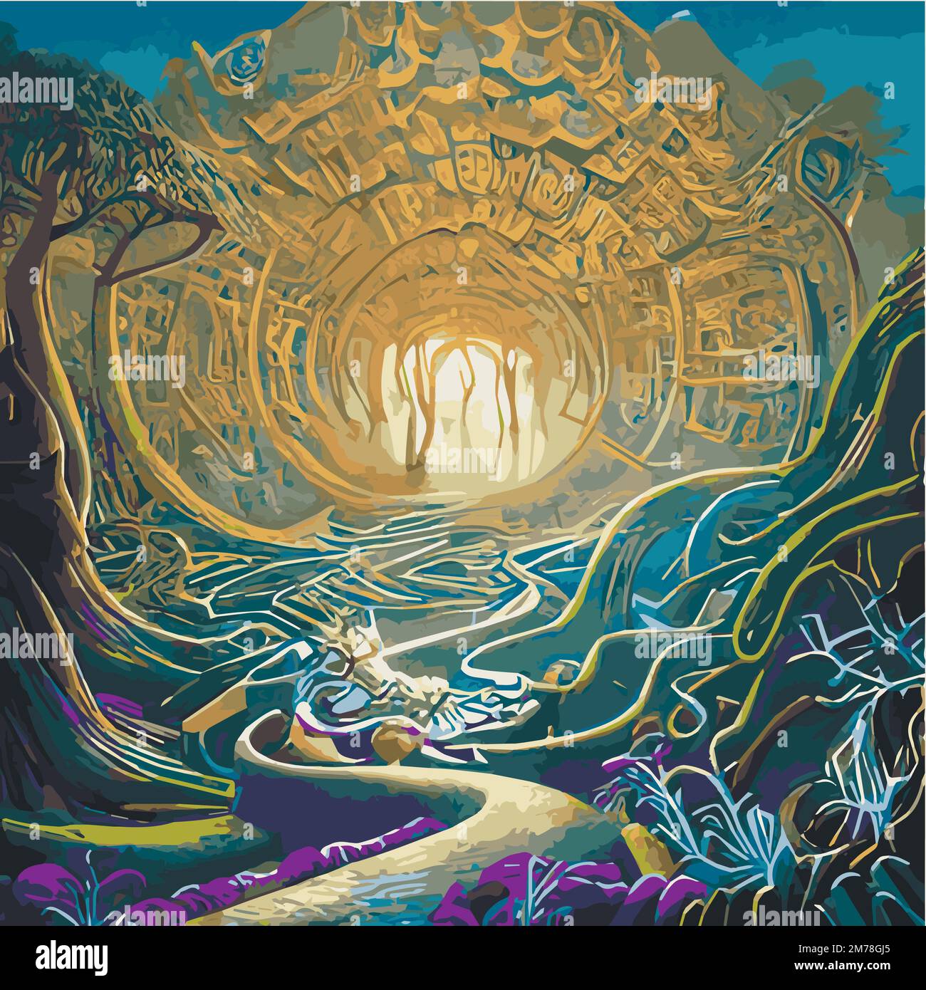 A surreal landscape with abstract trees and clouds melting islands off ...