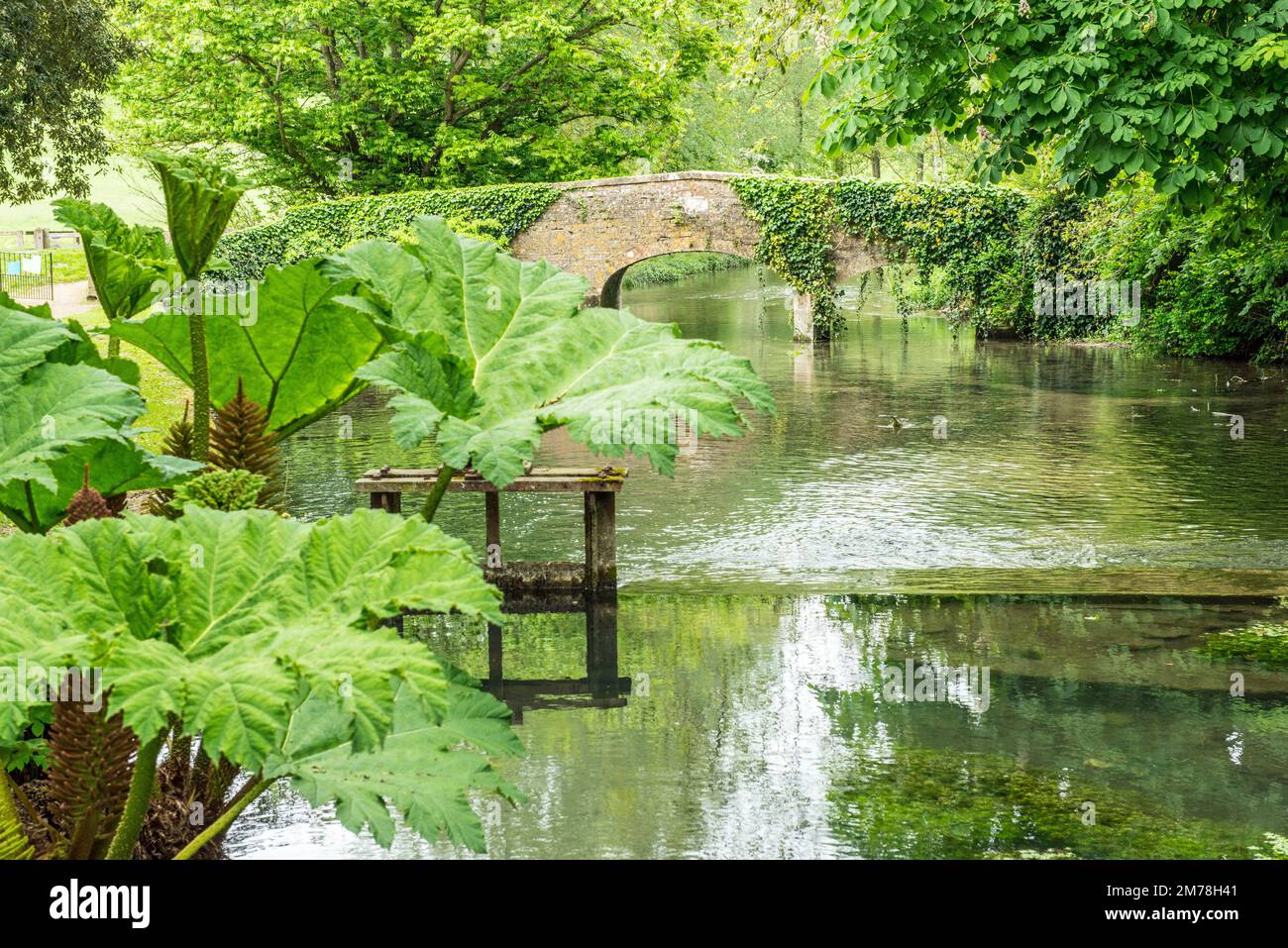 The River Eye with an arched stone footbridge at Lower Slaughter in the ...