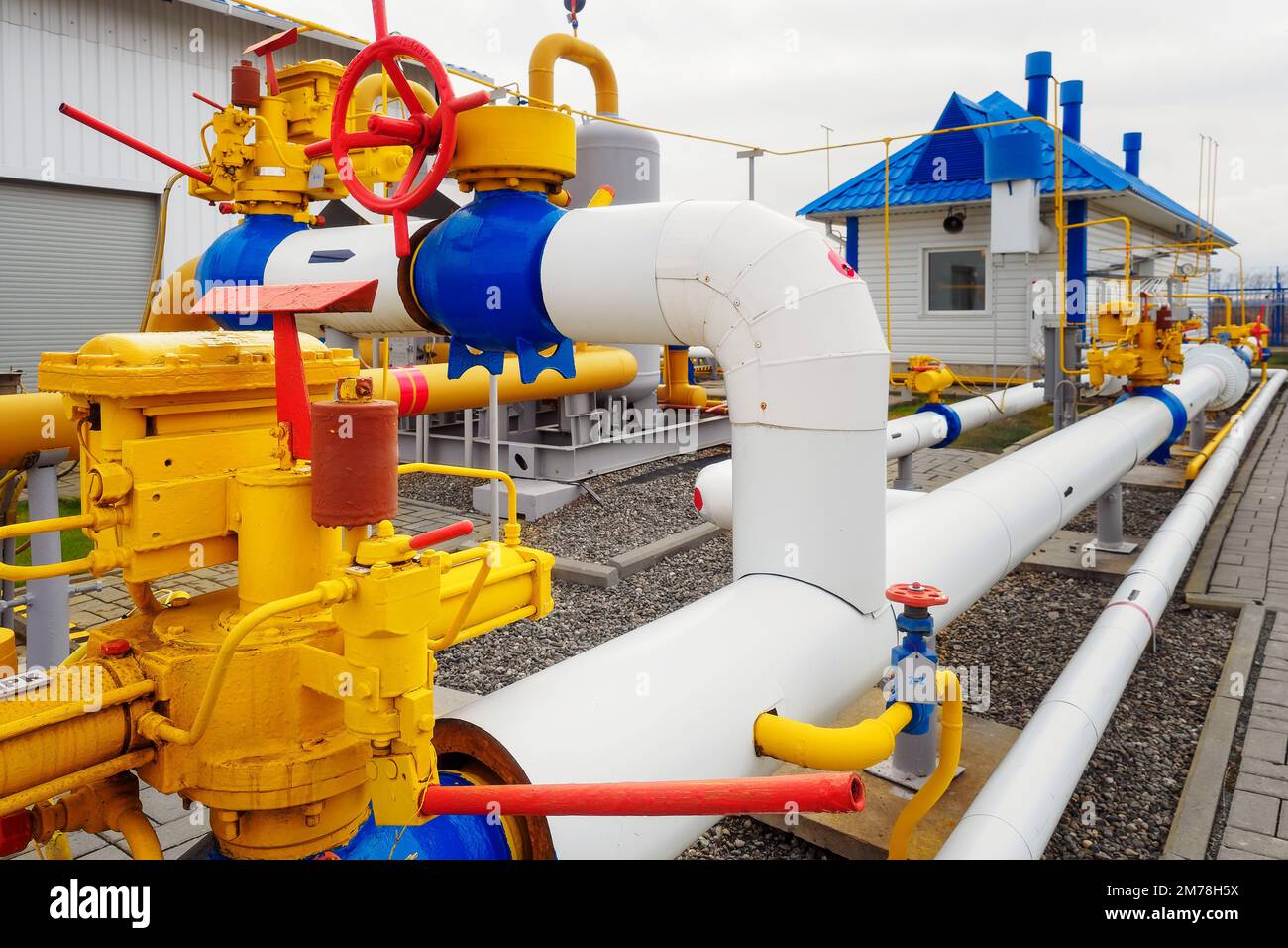 Gas distribution station. Pipes, valves and equipment of compressor ...