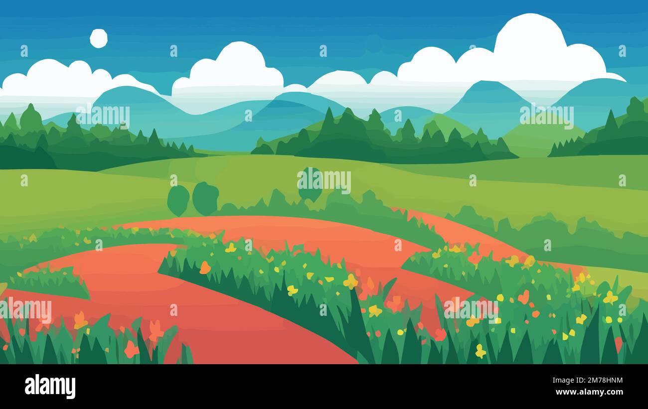 Spring village panorama with green meadow on hills with blue sky ...