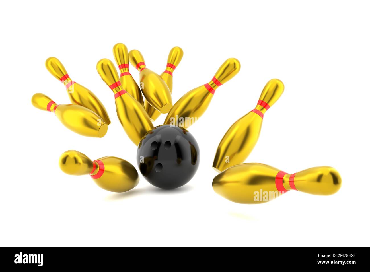 Bowling Action Ball Strikes the Gold Bowling pins on white background ...