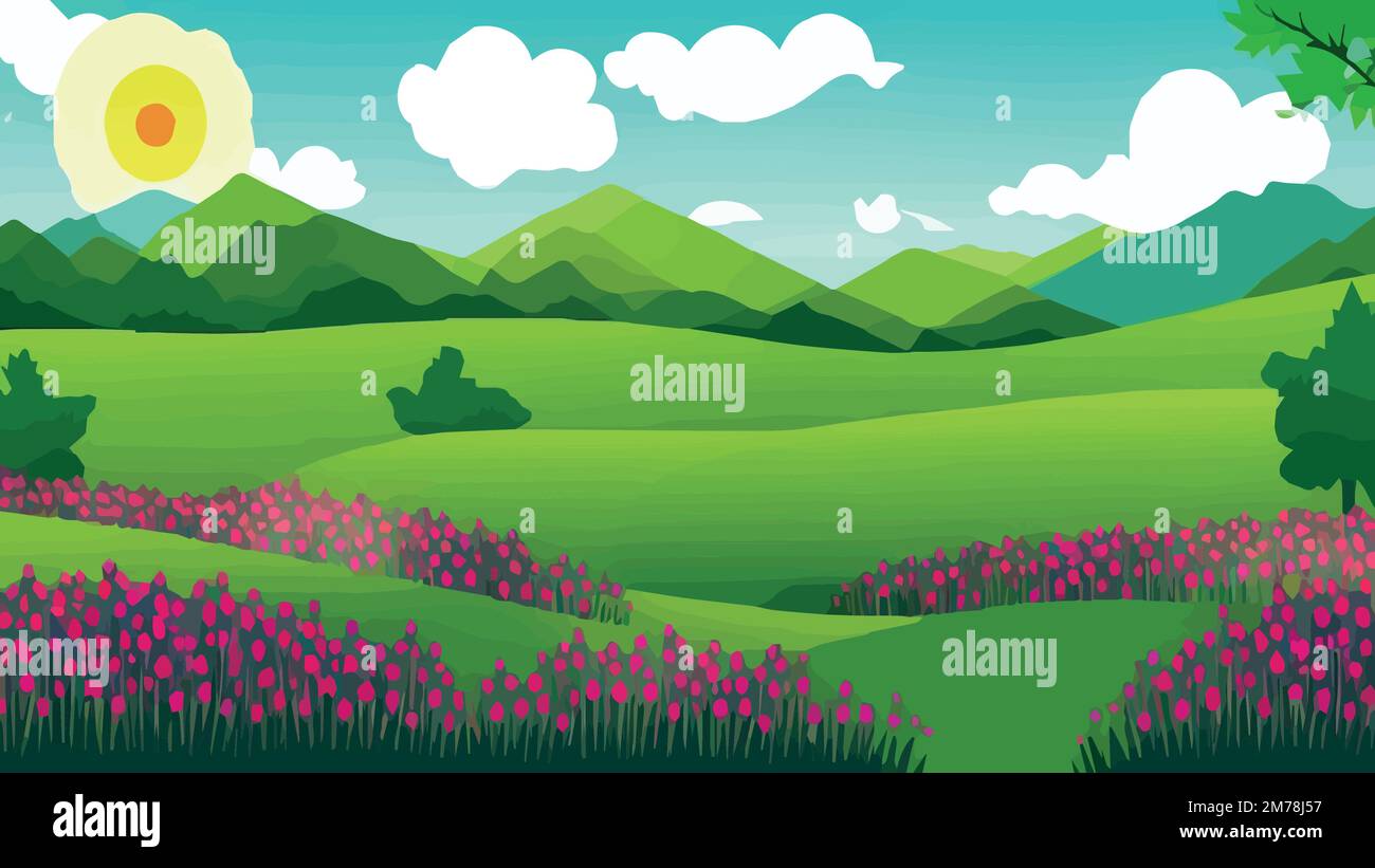 Spring village panorama with green meadow on hills with blue sky ...