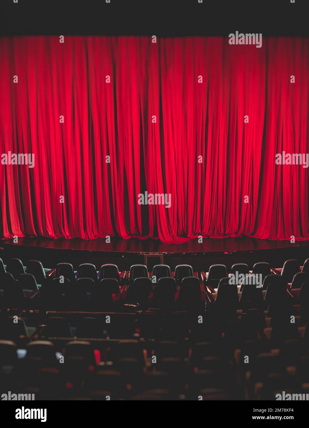 Stage with velvet red curtain in theater cinema, empty old-fashioned ...